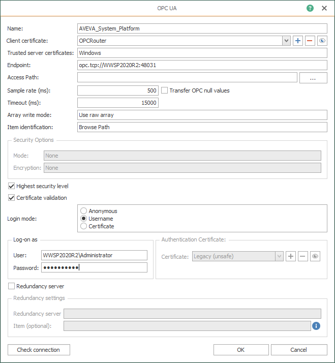 Accessing AVEVA System Platform with OPC Router via OPC UA